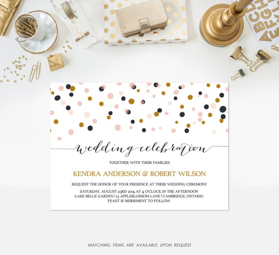 Items similar to PRINTABLE Wedding Invitation - Blush and Gold Confetti ...