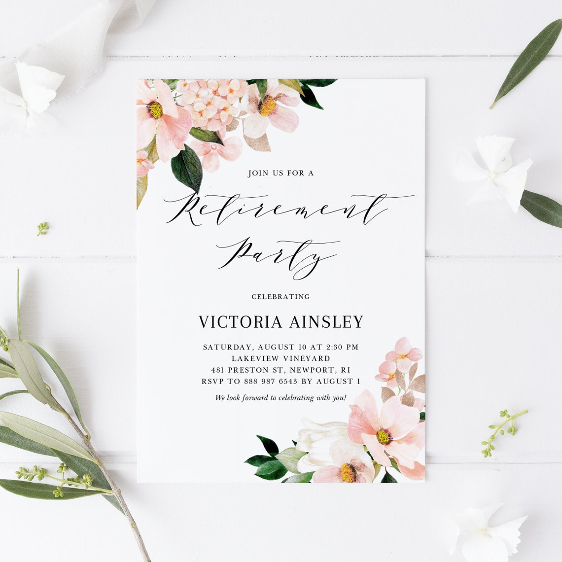 Printable Blush Floral Retirement Party Invitation Template - Pink ...