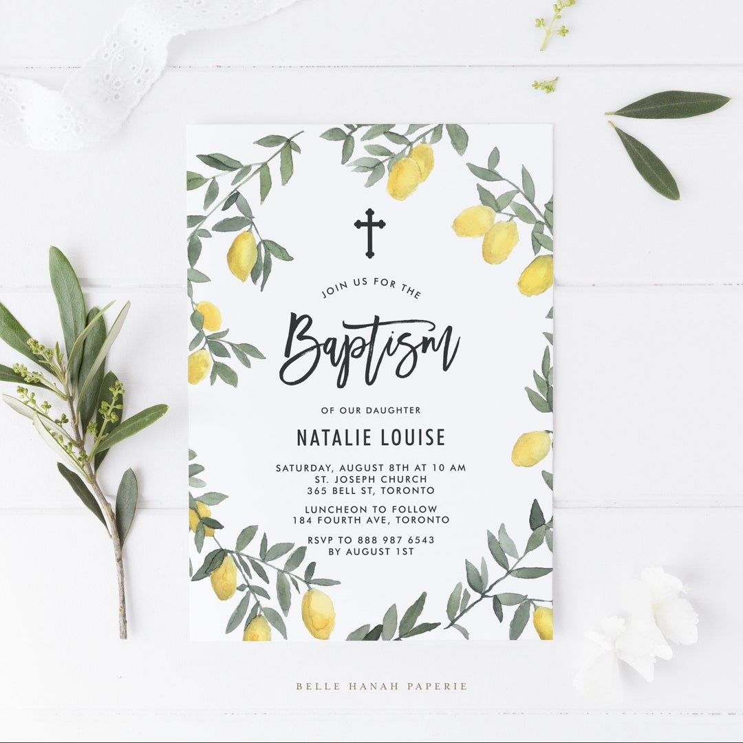 Boho Lemon Wreath Baptism Invitation Template - Printable 5x7 Rustic ...