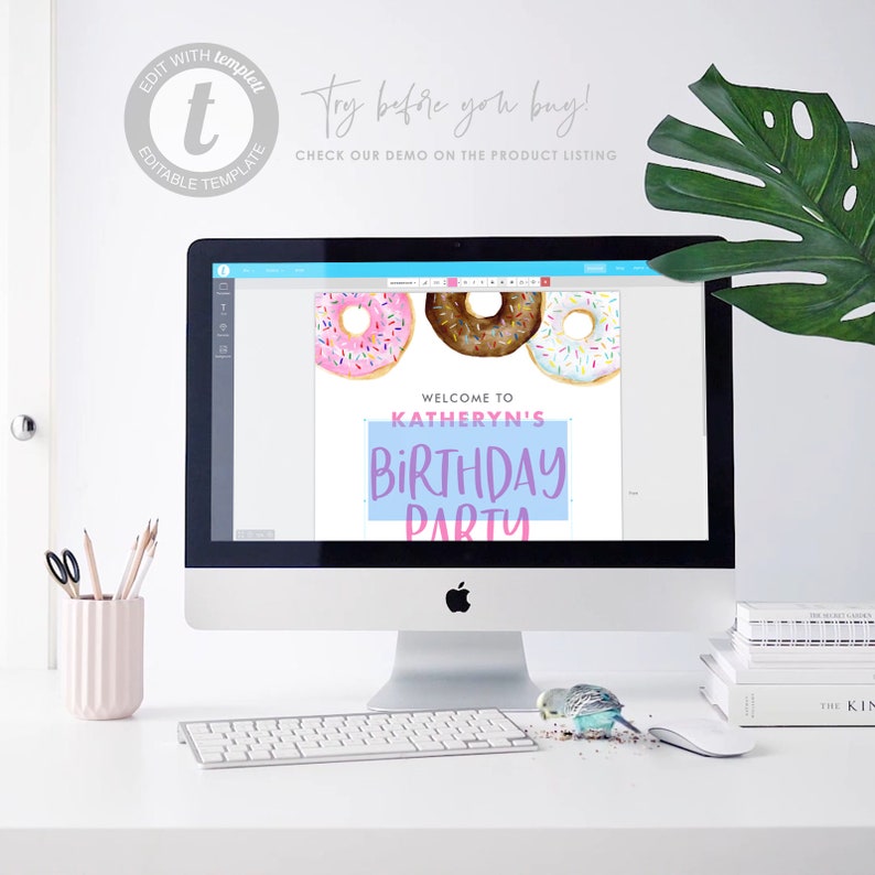 Printable Donuts Birthday Welcome Sign Template - DIY Watercolor Pink ...