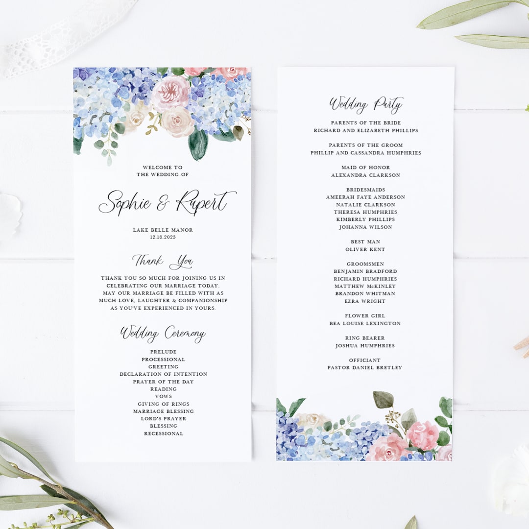 Printable Floral Wedding Programs Template - 4x9 DIY Blue Hydrangea & Pink Rose Floral Order of ...