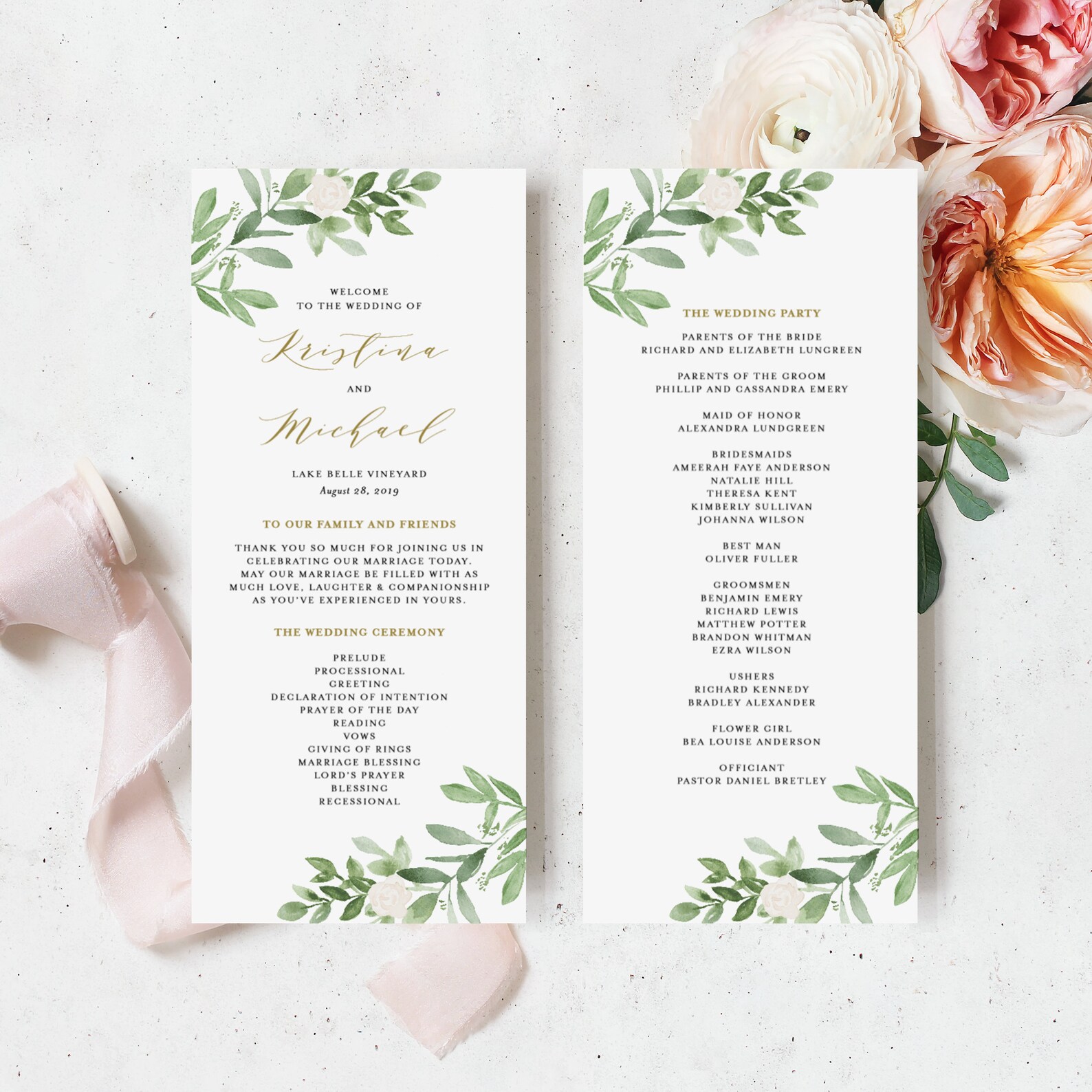 Printable Greenery Wedding Programs Template 4x9 Watercolor - Etsy