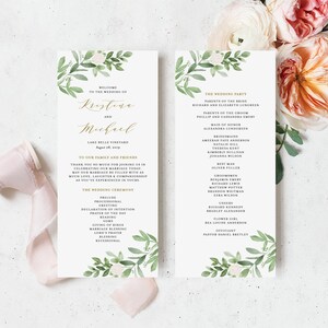 Printable Greenery Wedding Programs Template - 4x9 Watercolor Greenery and White Flowers ...
