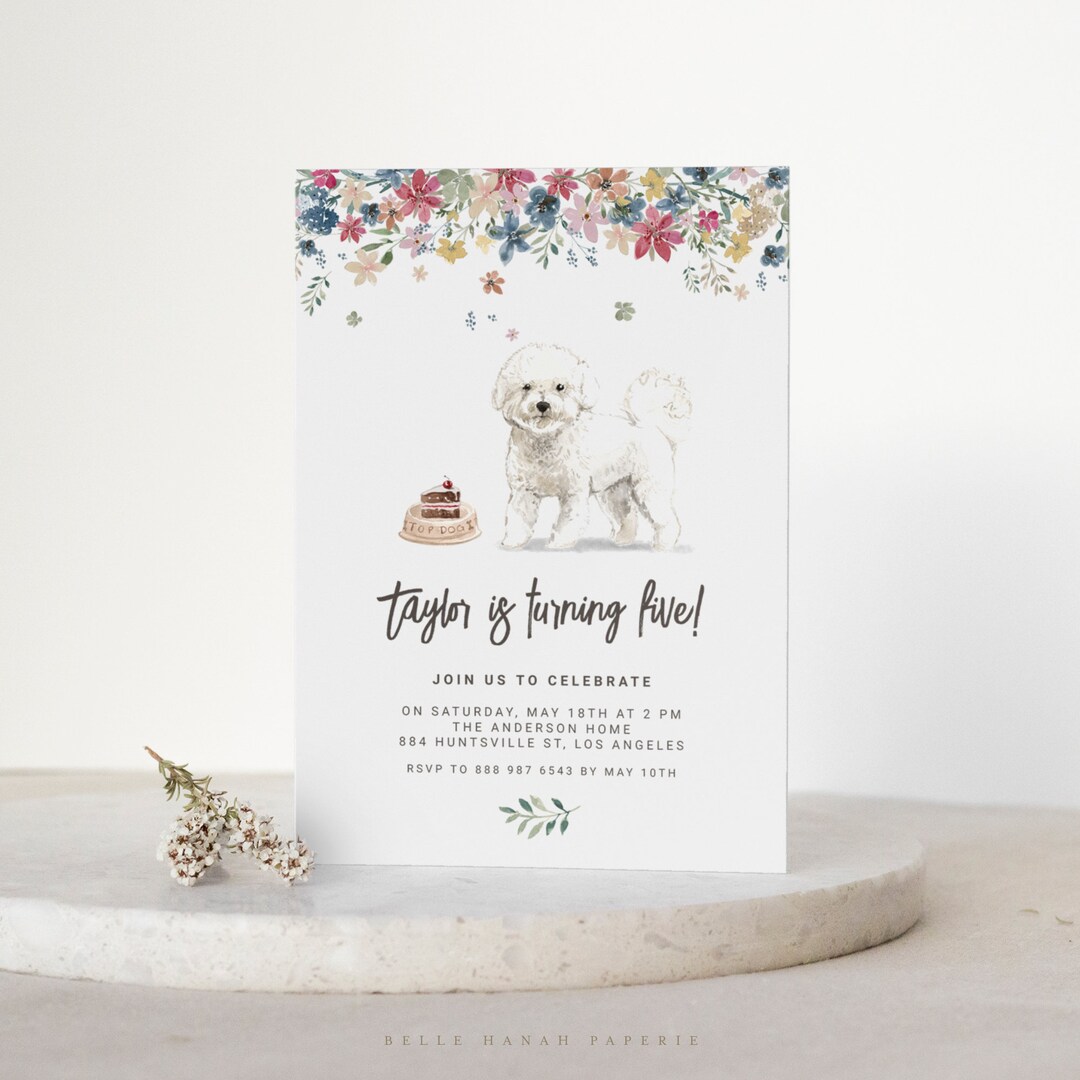 Printable Bichon Frise Birthday Invitation Template DIY Watercolor ...