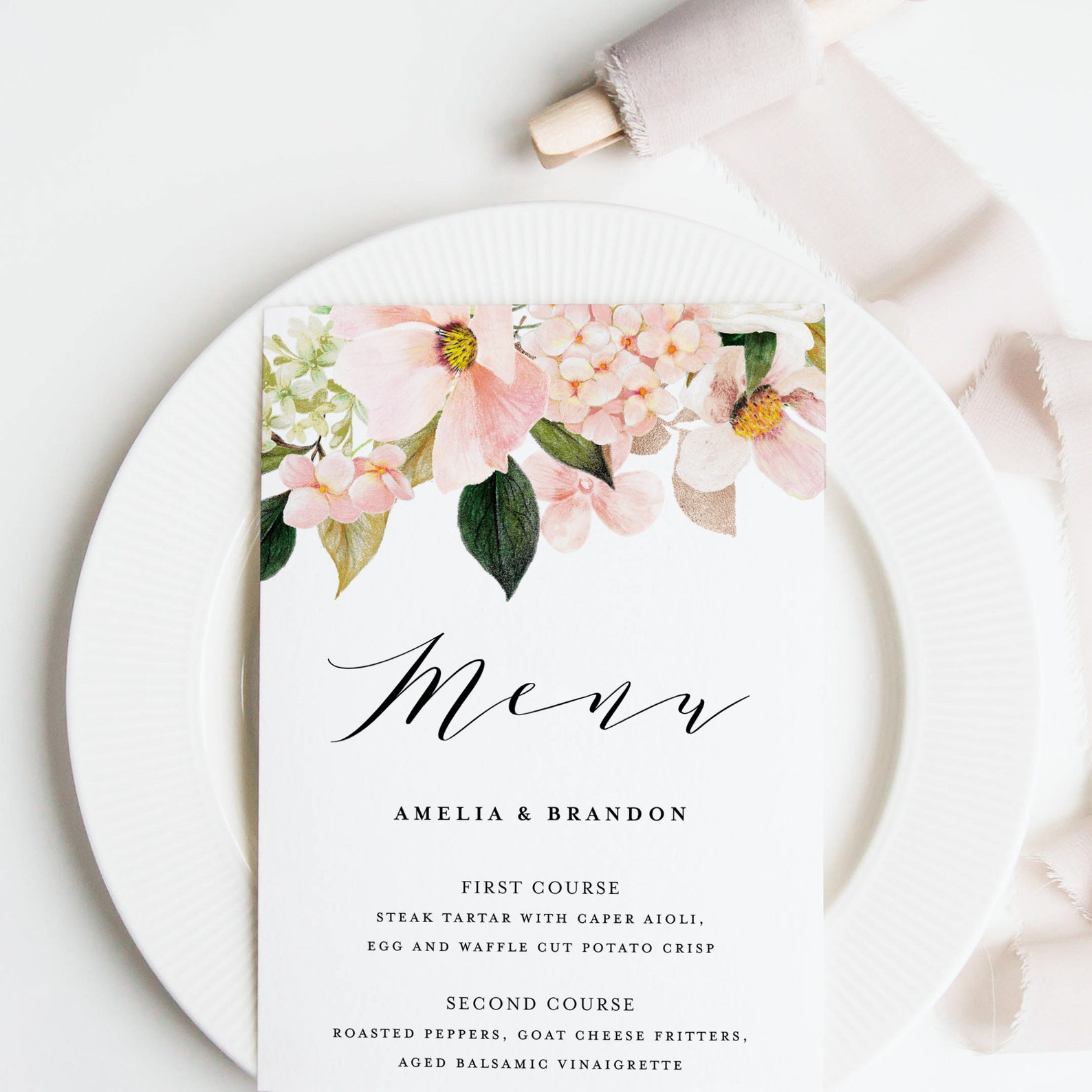 Printable Blush Pink Floral Wedding Menu Card Template 4x9 - Etsy