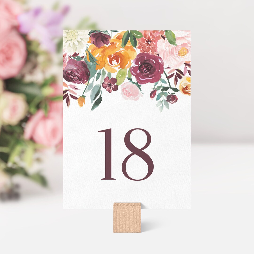 Fall Table Numbers 1 to 20 - Printable Watercolor Autumn Blooms Floral ...