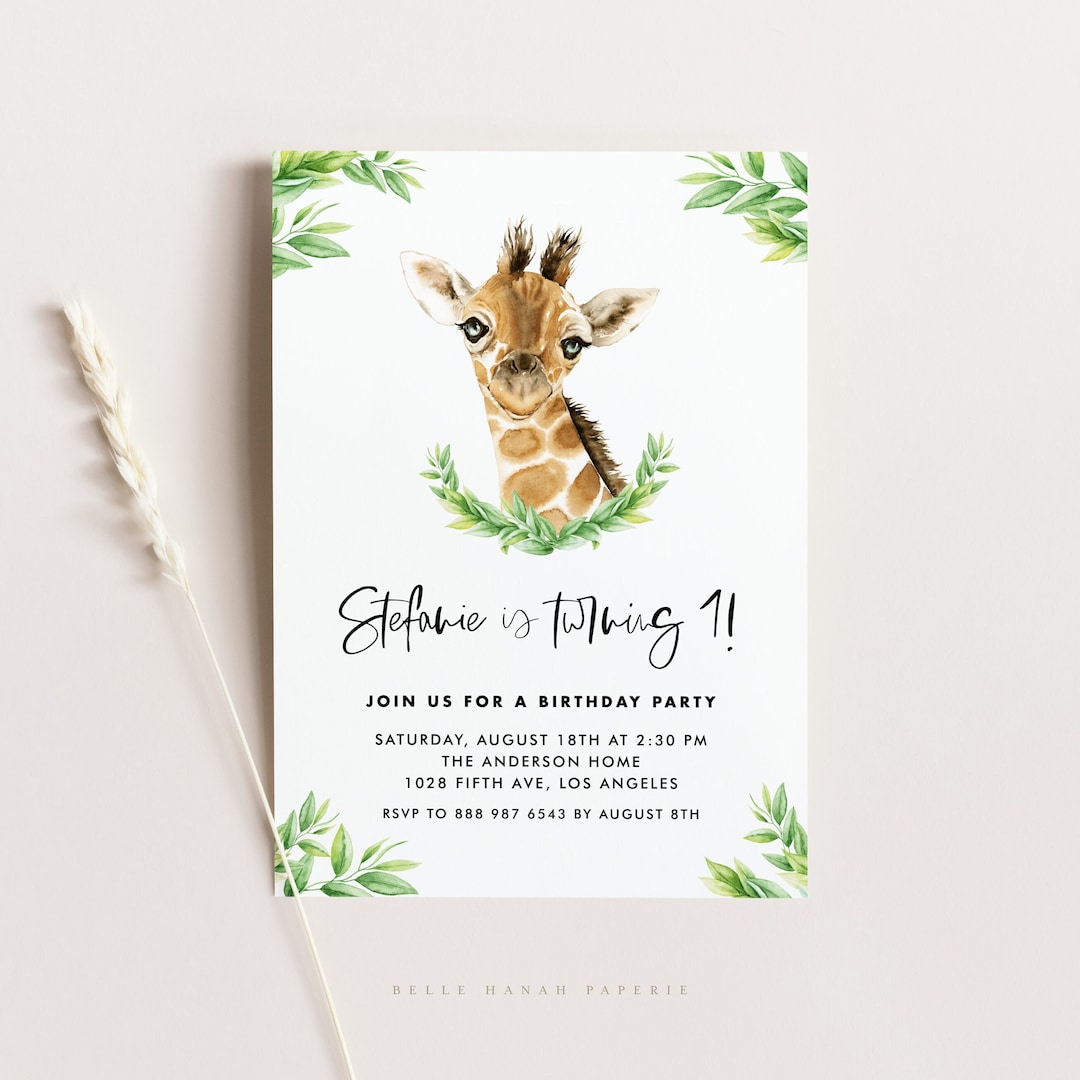 Printable Giraffe Birthday Party Invitation Template - Watercolor ...