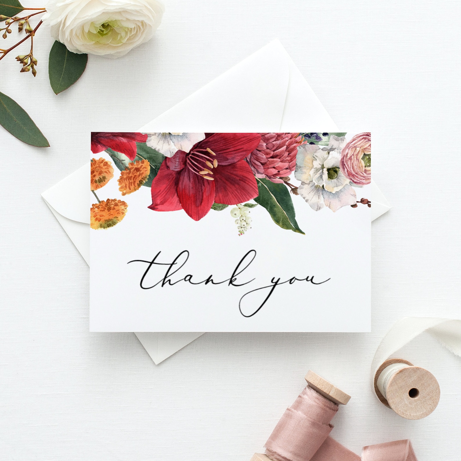 Red Floral Thank You Card Printable Watercolor Amaryllis and - Etsy
