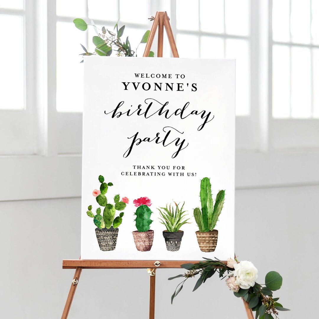 Editable Cactus Birthday Party Welcome Sign Template Boho Watercolor ...