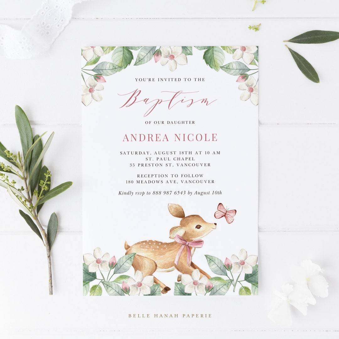 Printable Baby Deer Baptism Invitation Template, Watercolor Woodland ...