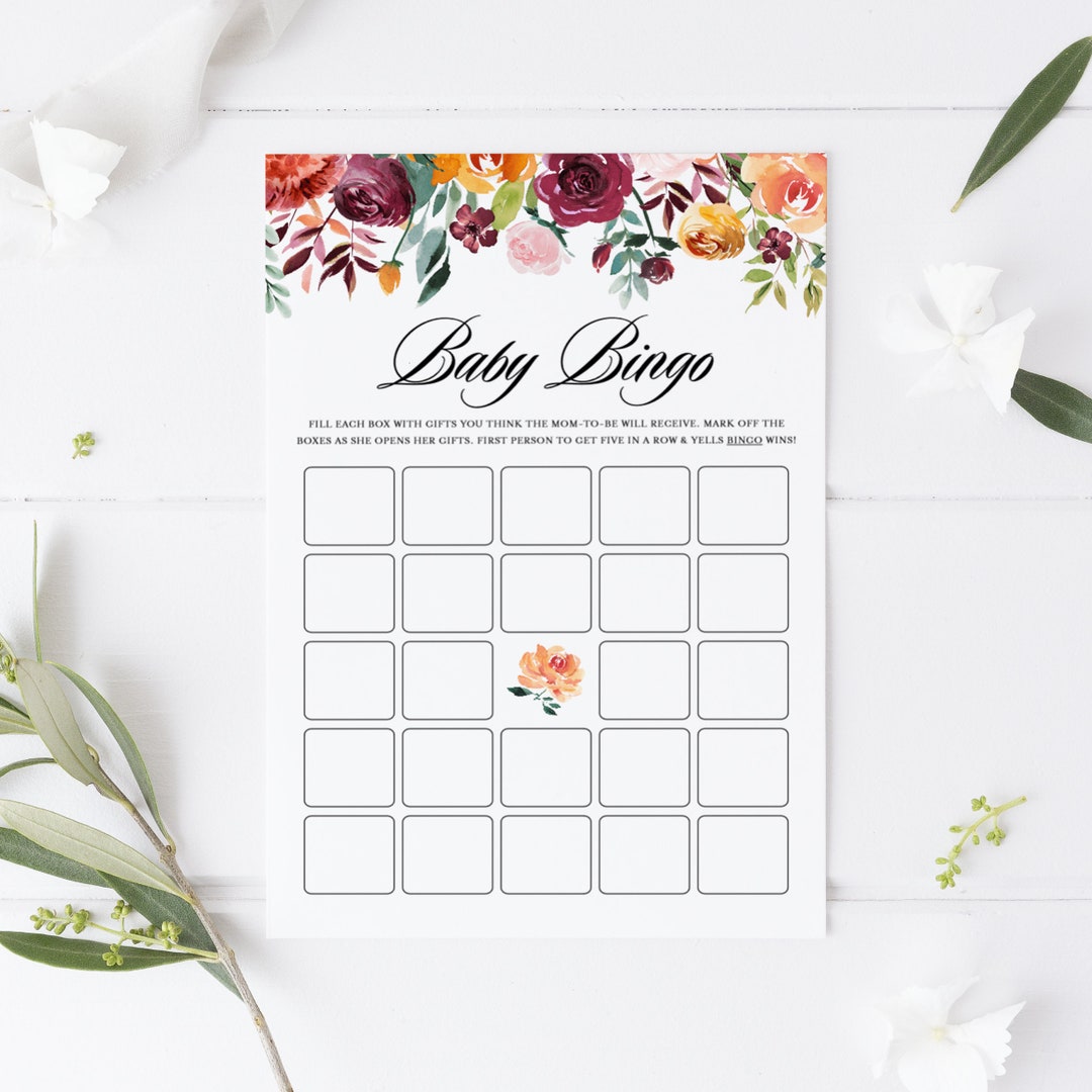 Fall Floral Baby Bingo Card - Printable Watercolor Autumn Blooms Baby ...