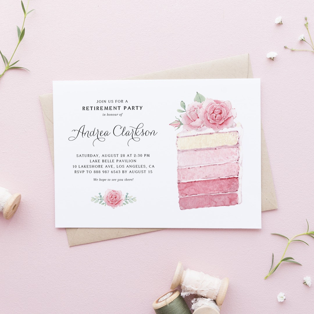 Pink Retirement Party Invitation Template - Watercolor Pink Ombre Cake ...