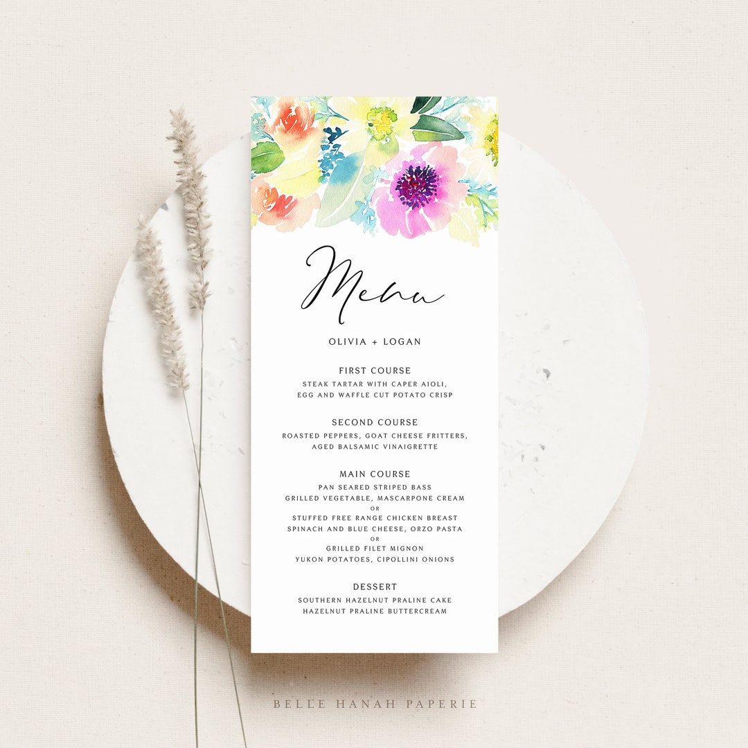 Printable Spring Flowers Menu Card Template - DIY Pastel Watercolor ...