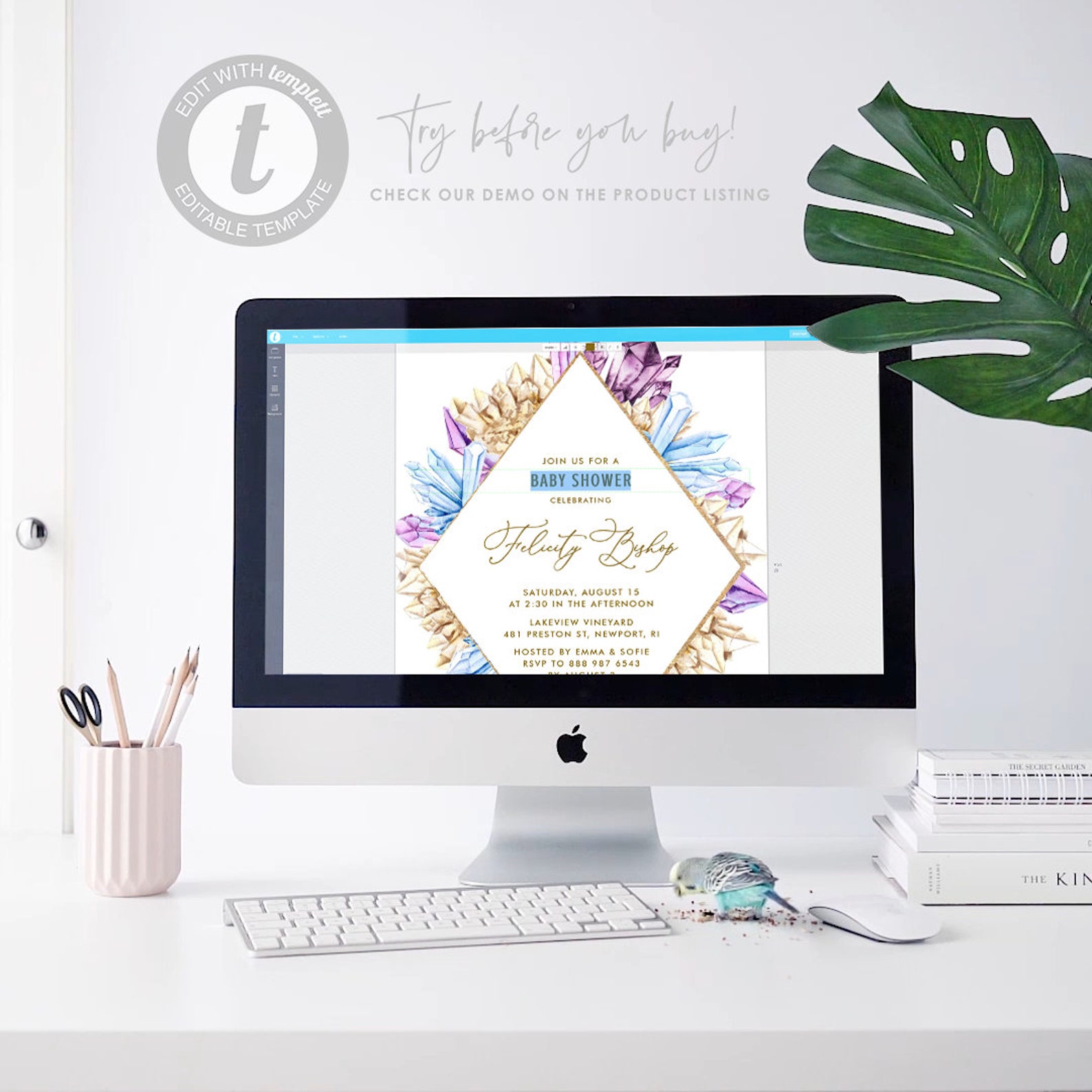 Printable Birthday Party Invitation - Boho Watercolor Crystals Frame ...