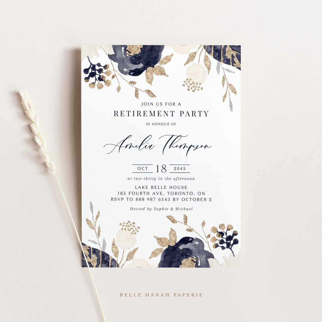 Printable Floral Retirement Party Invitation Template - DIY Navy Blue ...