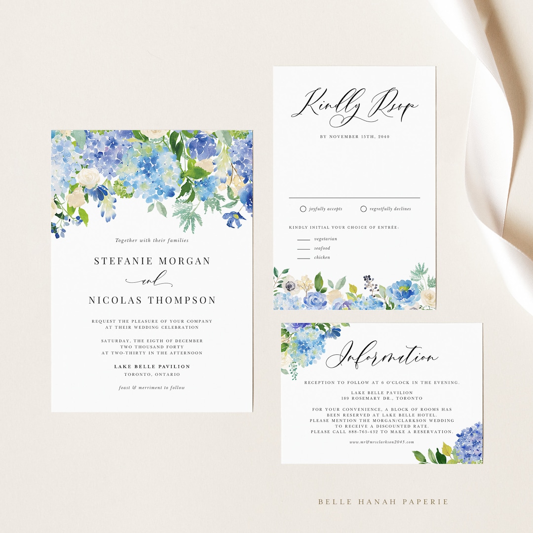 Printable Hydrangea Wedding Invitation Set Template - DIY Blue ...