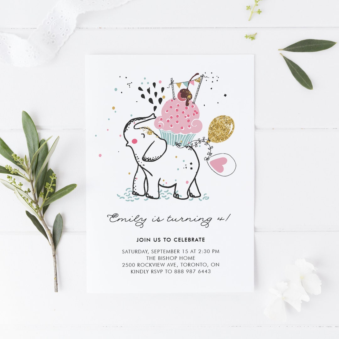 Printable Elephant Birthday Invitation Template - Editable Cute ...