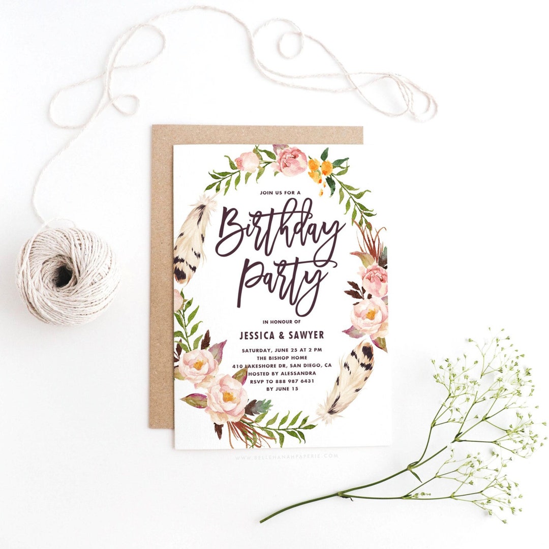 Printable Boho Birthday Invitation Template - Watercolor Bohemian ...
