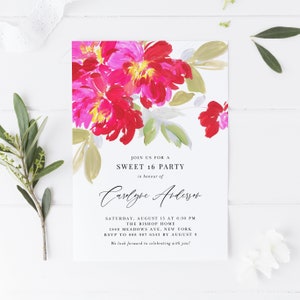 Printable Floral Birthday Party Invitation Template - Hand Painted Hot ...