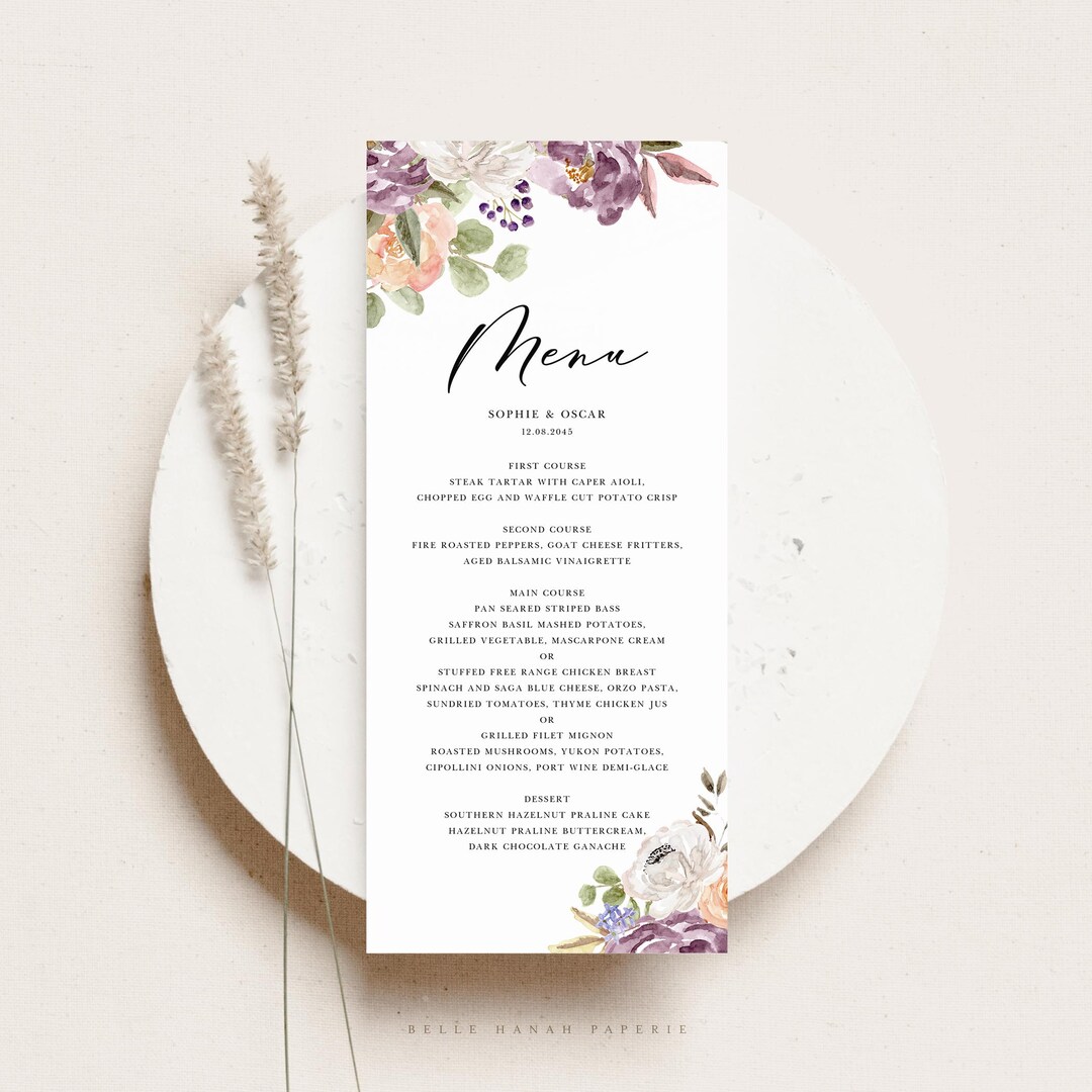 Printable Purple Floral Wedding Menu Card Template - 4x9 Watercolor ...