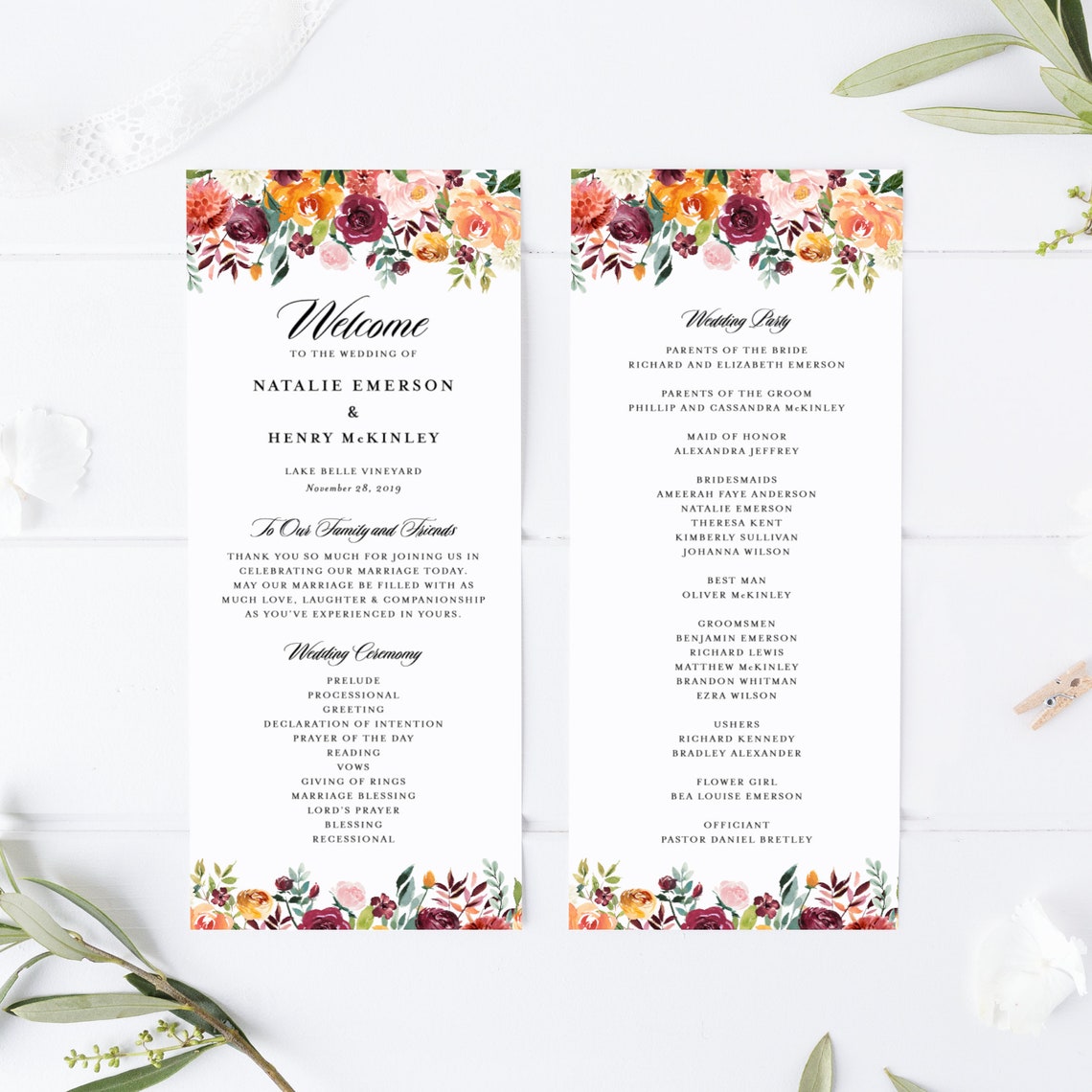 Printable Fall Wedding Programs Template 4x9 Watercolor | Etsy