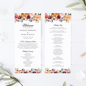 Printable Fall Wedding Programs Template - 4x9 Watercolor Autumn Blooms ...