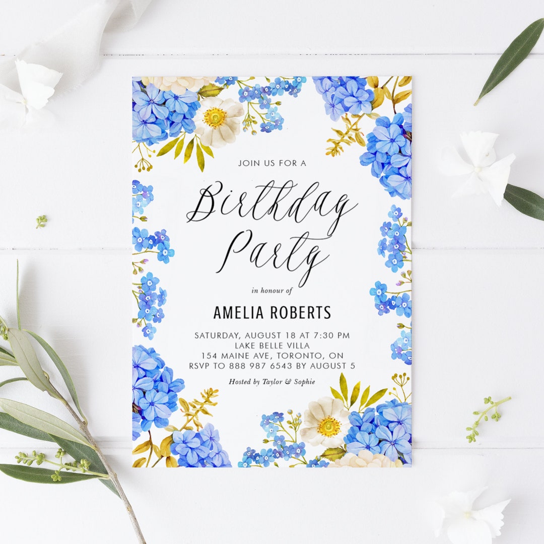 Printable Blue Hydrangea Birthday Party Invitation Template - Blue ...