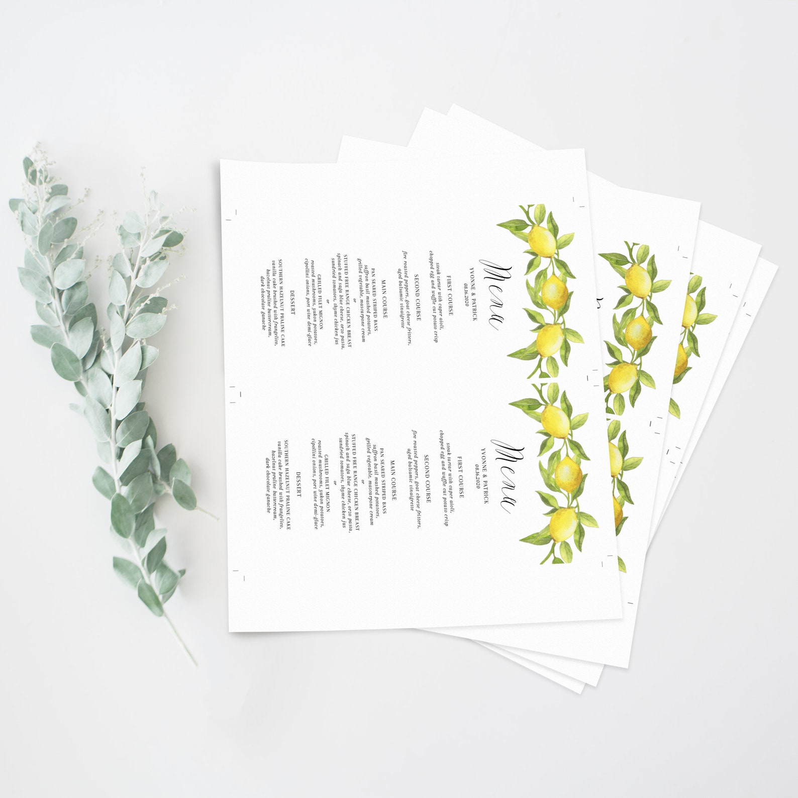 Printable Lemon Wedding Menu Card Template DIY 4x8 - Etsy