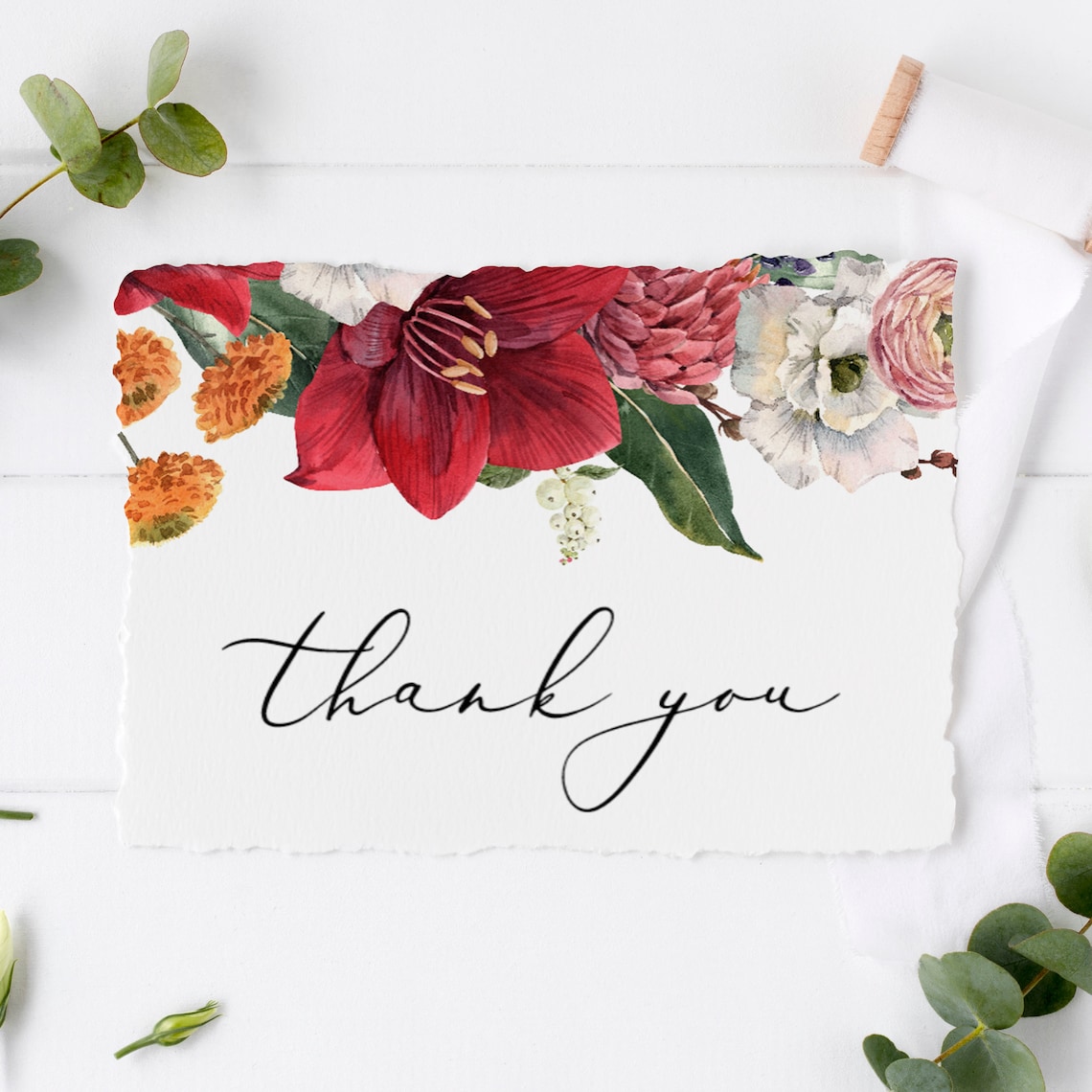 Red Floral Thank You Card Printable Watercolor Amaryllis and | Etsy