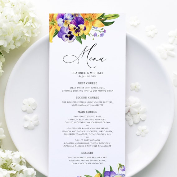Printable Floral Menu Card Template DIY 4x9 Watercolor - Etsy