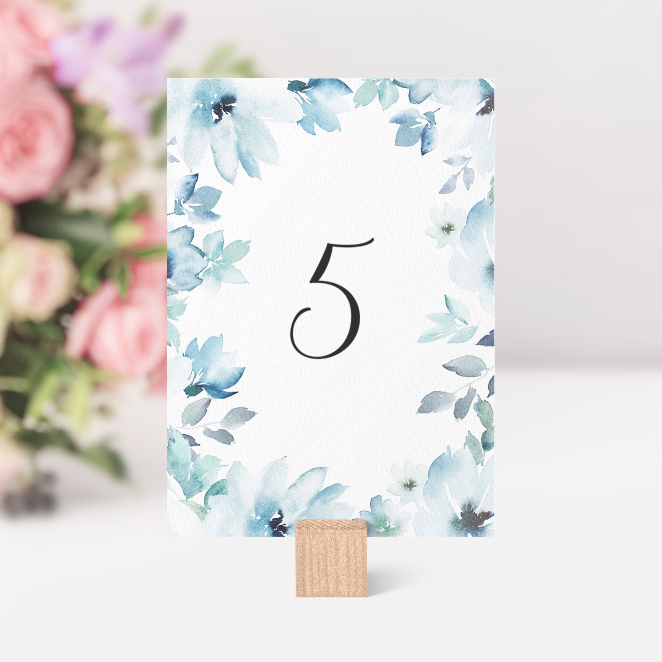 Printable Table Number Card 5x7 Watercolor Blue Flowers | Etsy