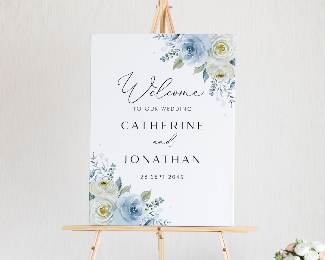 Printable Blue Floral Wedding Welcome Sign Template - 18x24 Watercolor ...