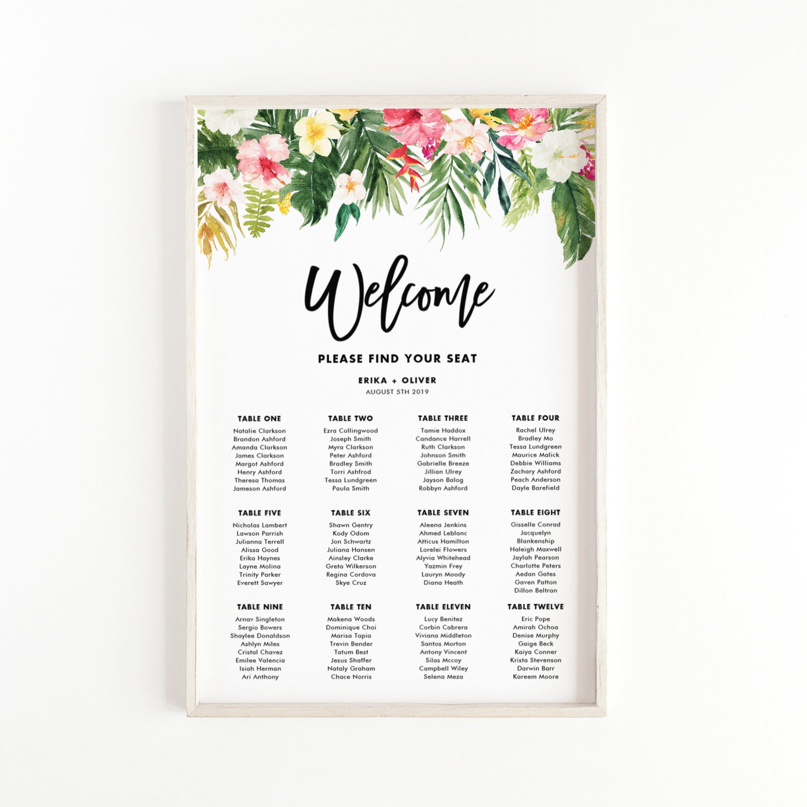Editable Tropical Wedding Seating Chart Sign Template - Printable ...