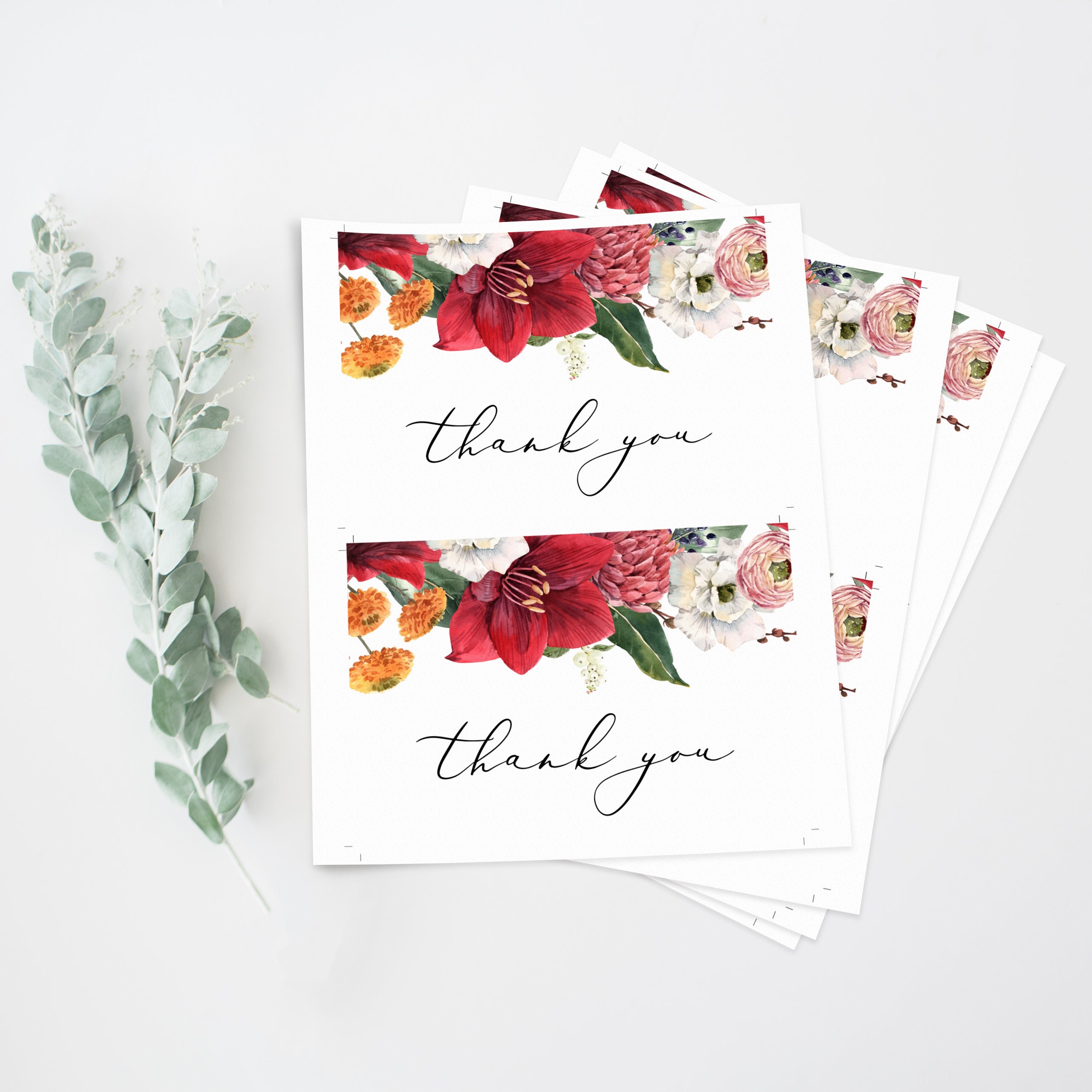 Red Floral Thank You Card Printable Watercolor Amaryllis and | Etsy