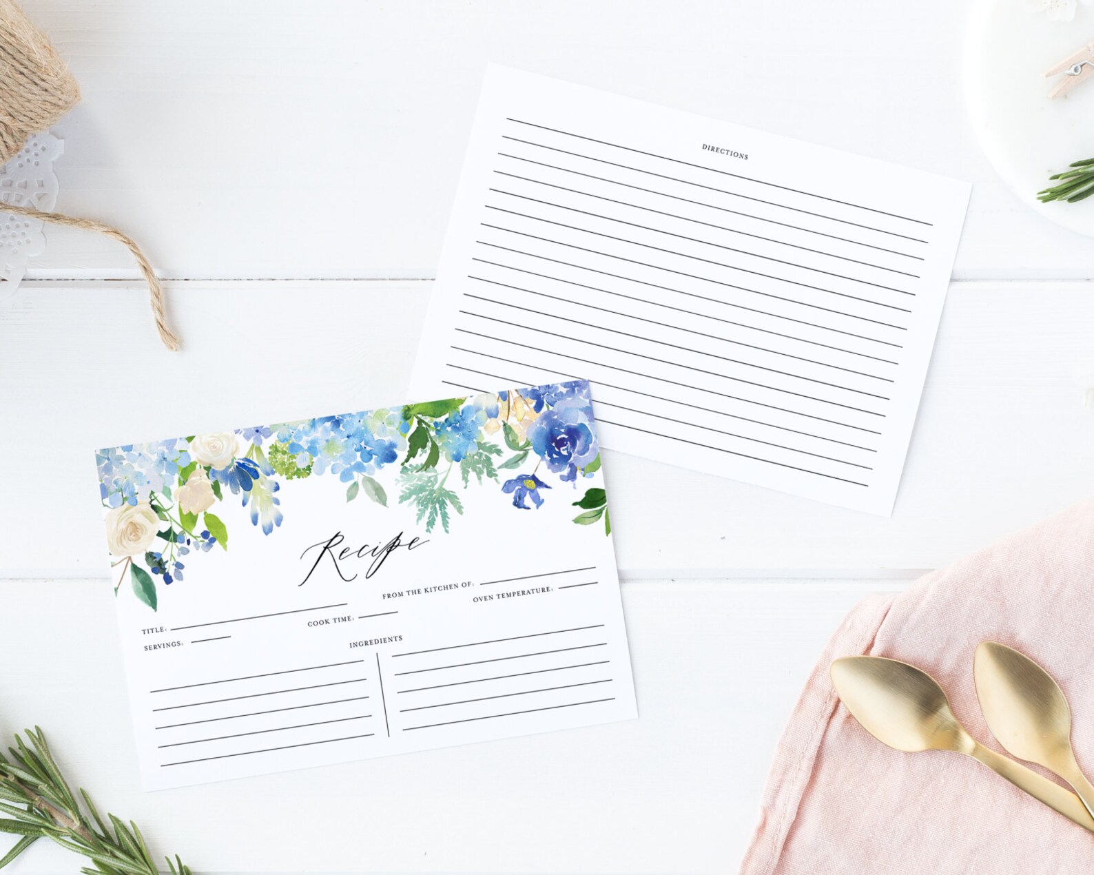 Floral Recipe Card Printable Watercolor Blue Hydrangeas and - Etsy