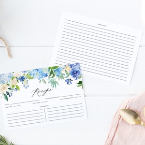 Floral Recipe Card - Printable Watercolor Blue Hydrangeas and Ivory ...