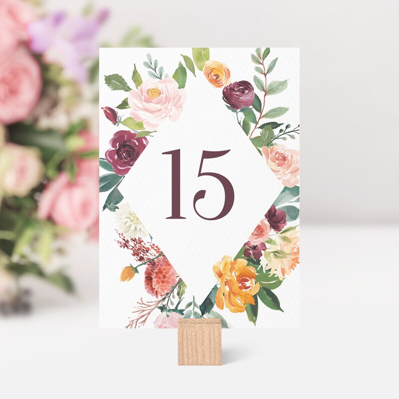 Fall Floral Table Numbers 1 to 20 - Printable Watercolor Autumn Blooms ...