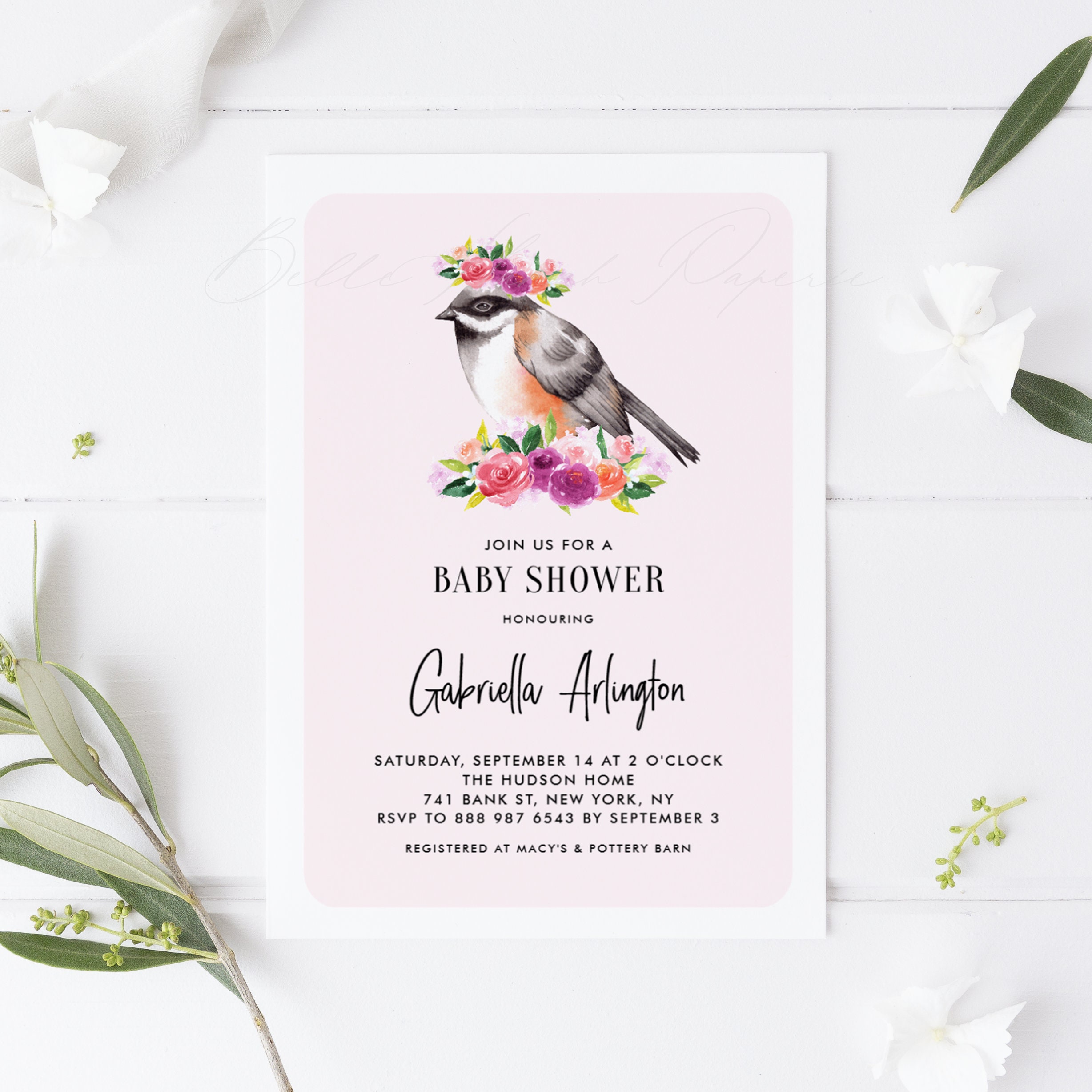 Printable Watercolor Bird Baby Shower Invitation Template - Editable ...
