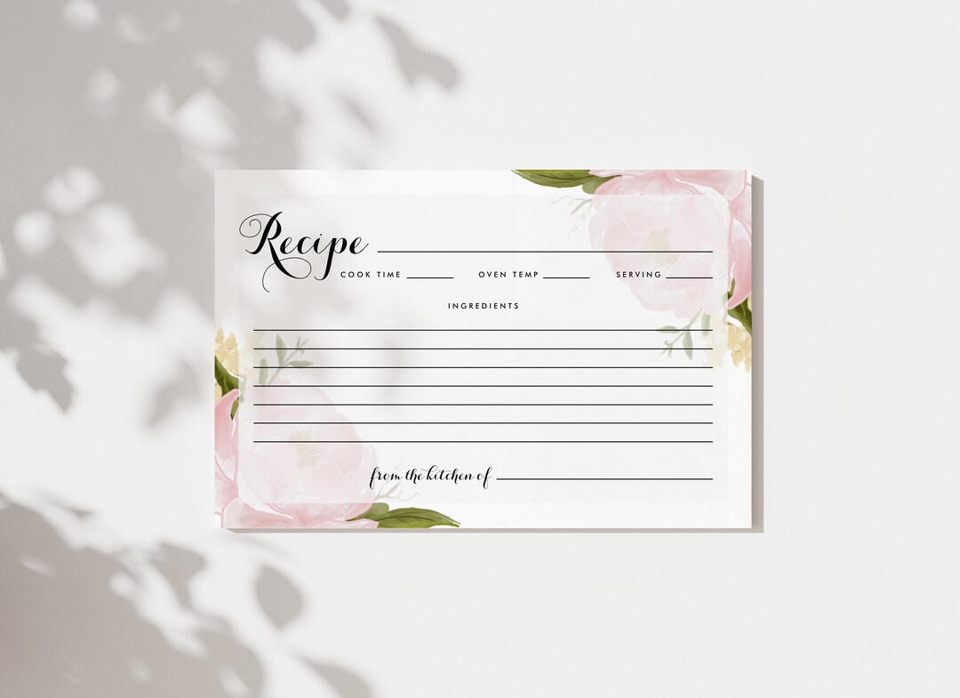 Printable Pink Floral Recipe Card - 4x6 Watercolor Pink Garden Roses ...