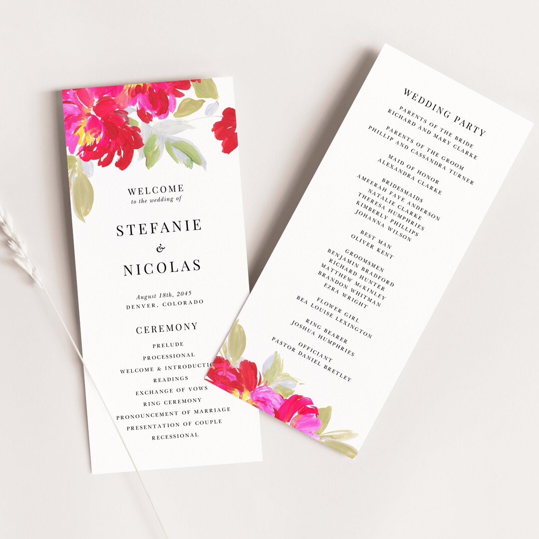 Printable Pink Floral Wedding Programs Template - 4x9 Hand Painted Hot ...