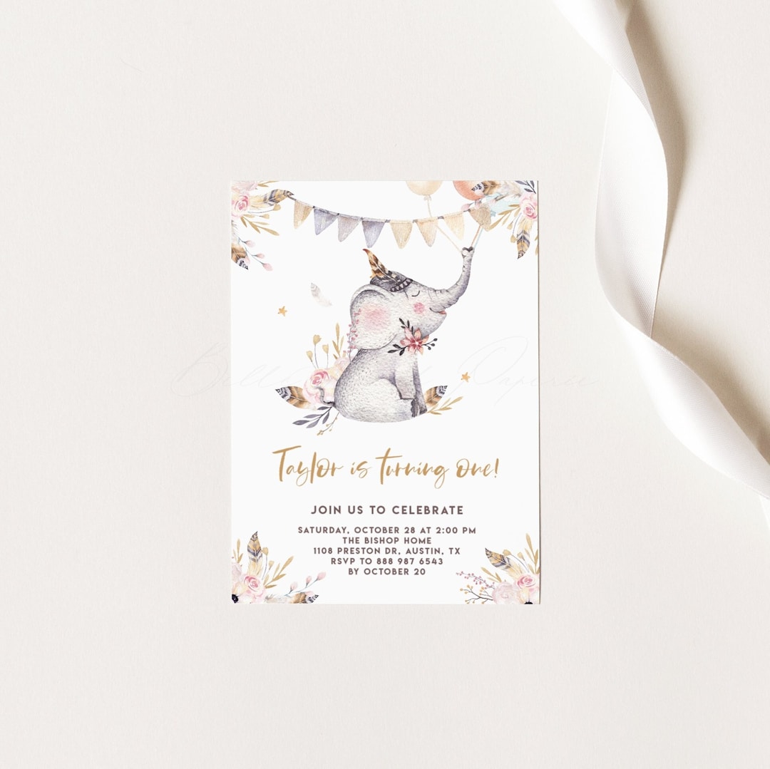 Printable Boho Elephant Birthday Party Invitation Template, DIY ...