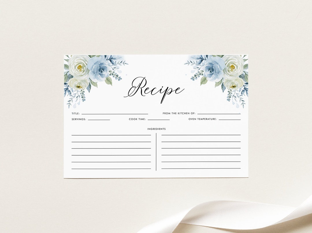 Printable Recipe Card - 4x6 Watercolor Blue and Ivory Roses Bridal ...