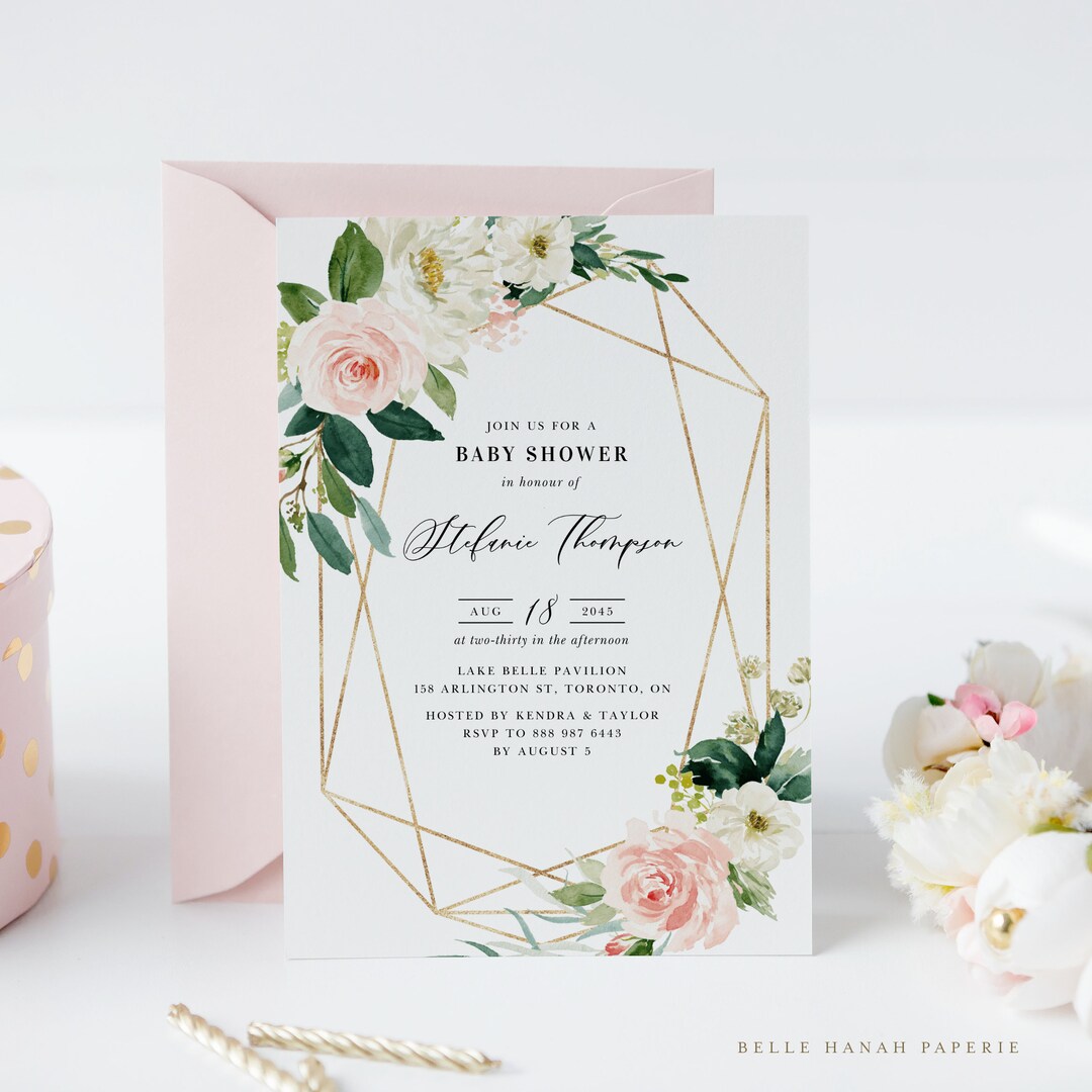Printable Geometric Baby Shower Invitation Template - Watercolor Blush ...