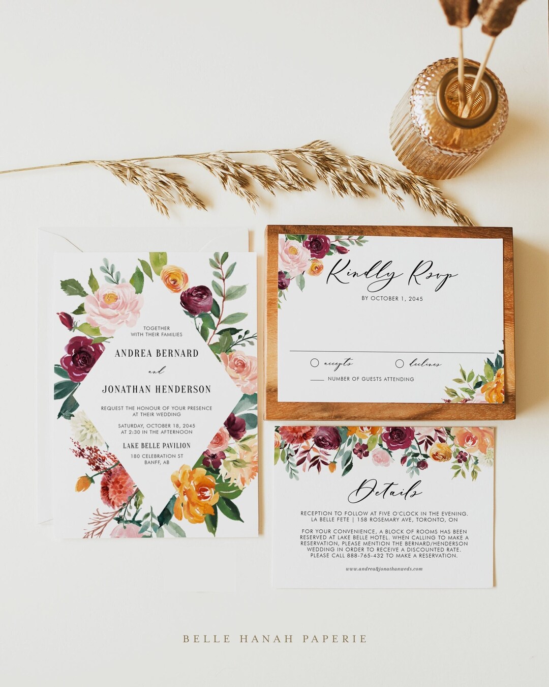 Printable Fall Floral Wedding Invitation Set Template, DIY Watercolor ...