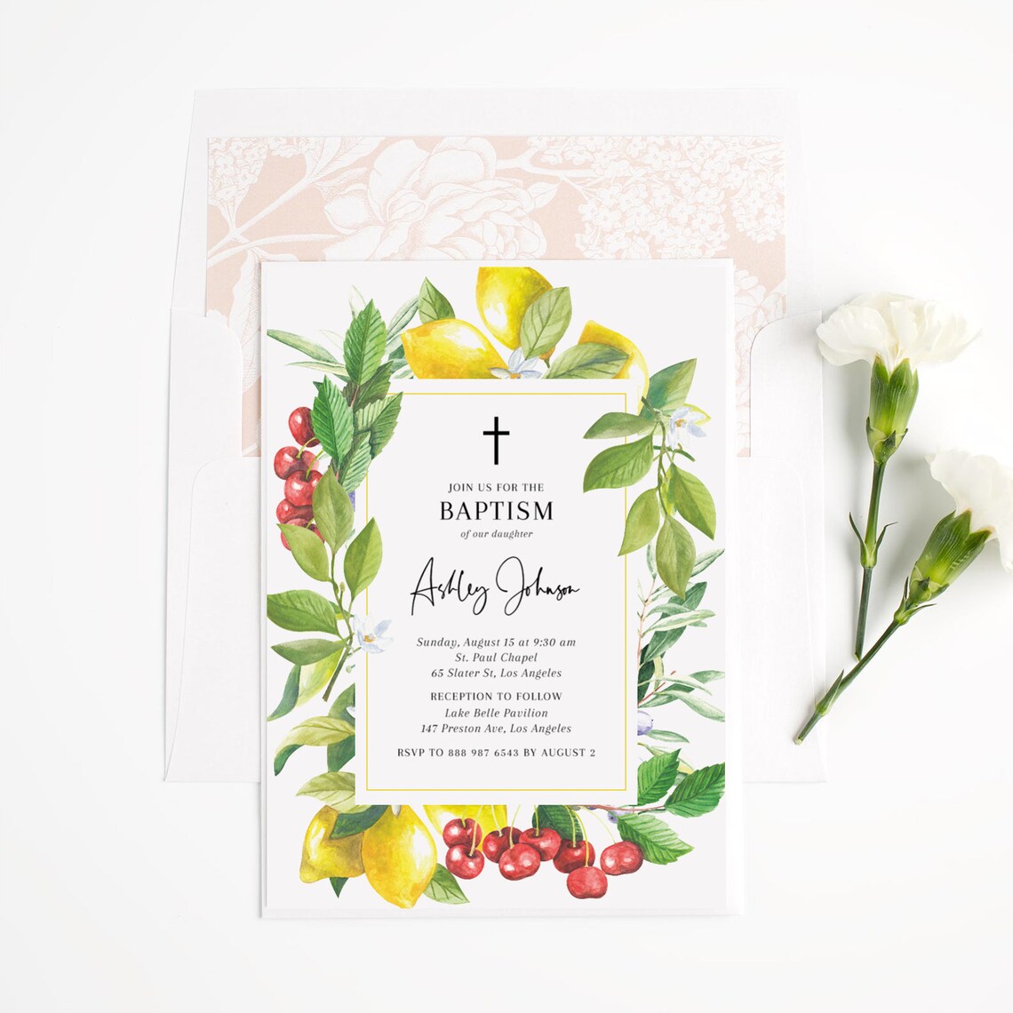 Printable Baptism Invitation Watercolor Lemon and Cranberry - Etsy