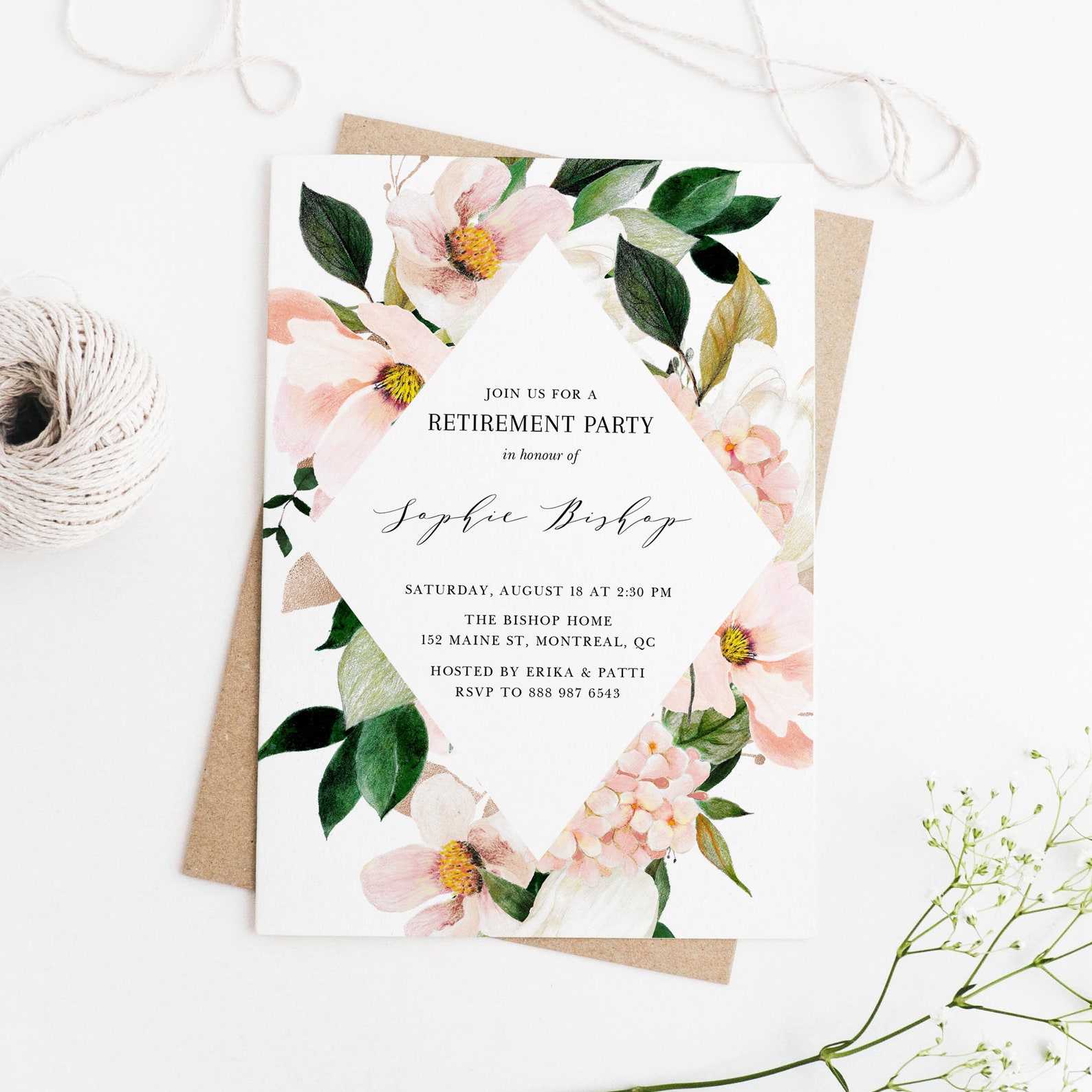 Printable Blush Pink Floral Retirement Party Invitation - Etsy