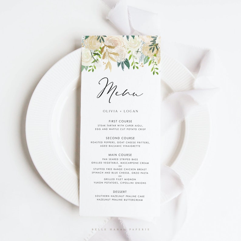 Printable Floral Menu Card Template 4x9 Watercolor Ivory - Etsy