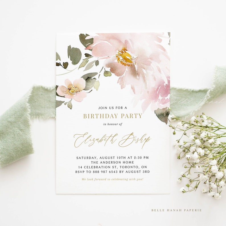 Printable Blush Floral Birthday Party Invitation Template | Etsy