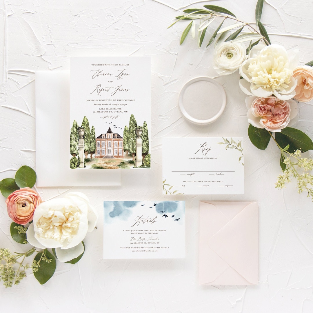 Printable Elegant Chateau Wedding Invitation Set Template - Watercolor ...