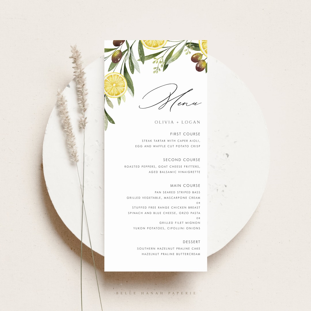 Printable Lemon Menu Card Template - DIY 4x9 Boho Watercolor Lemon and ...